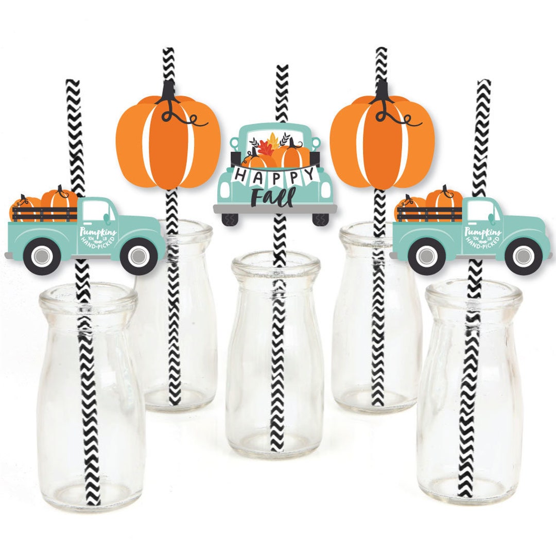 Happy Fall Truck - Paper Straw Decor - Harvest Pumpkin Party Striped ...