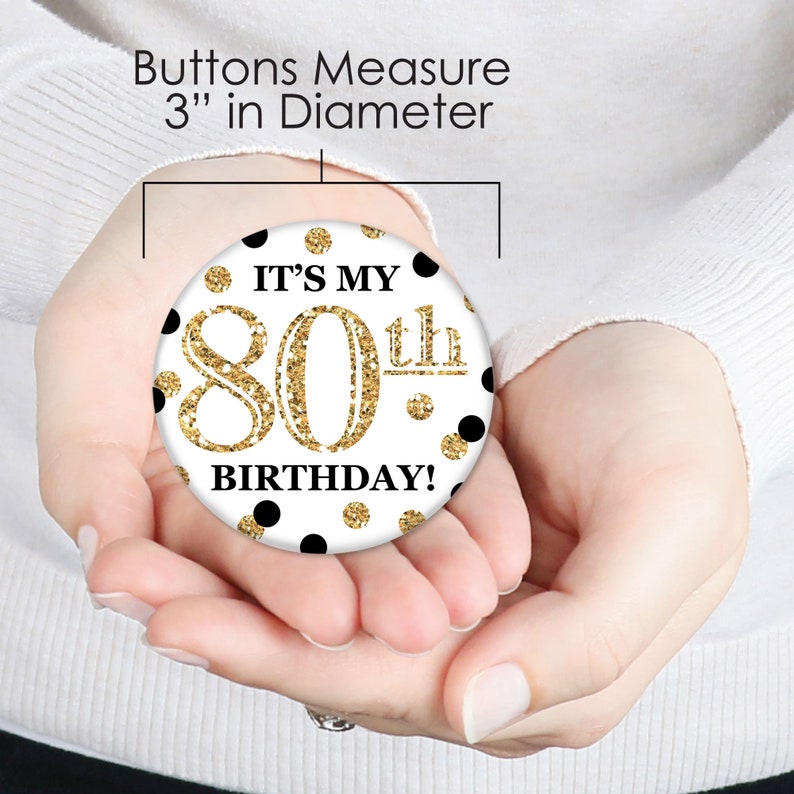 Adult 80th Birthday - Gold - 3 Inch Birthday Party Badge - Pinback ...