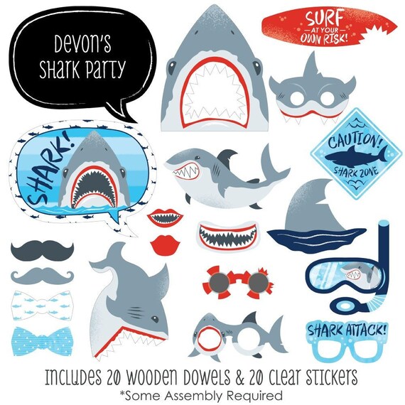 20 pc. Shark Zone Photo Booth Props - Jawsome Shark Party Prop Kit with ...