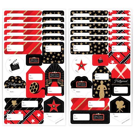 Red Carpet Hollywood - Assorted Movie Night Party Gift Tag Labels - To ...