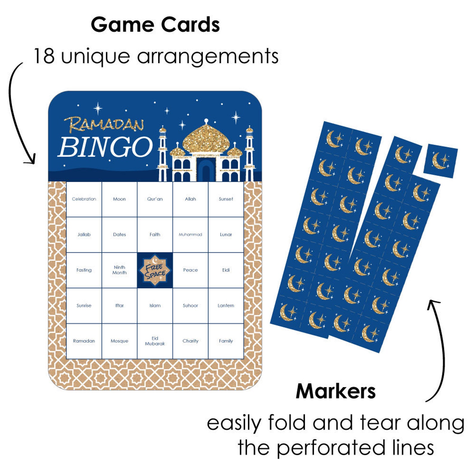 Ramadan - Bingo Cards and Markers - Eid Mubarak Bingo Game - Set of 18 ...