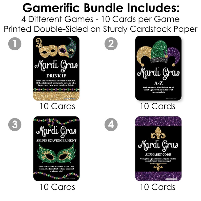 Mardi Gras - 4 Masquerade Party Games - 10 Cards Each - Gamerific ...