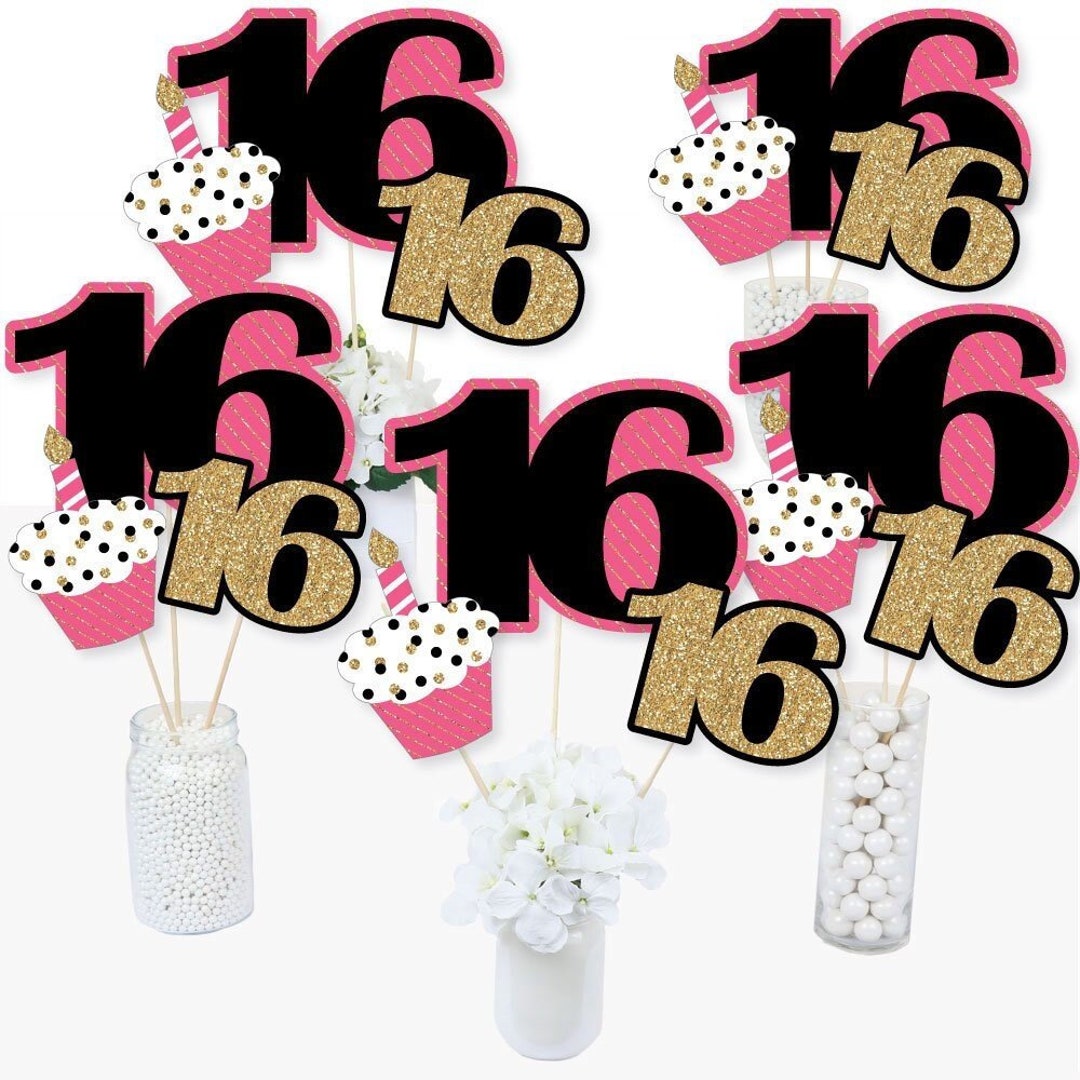 Chic 16th Birthday - Centerpiece Sticks - Pink, Black and Gold Birthday ...