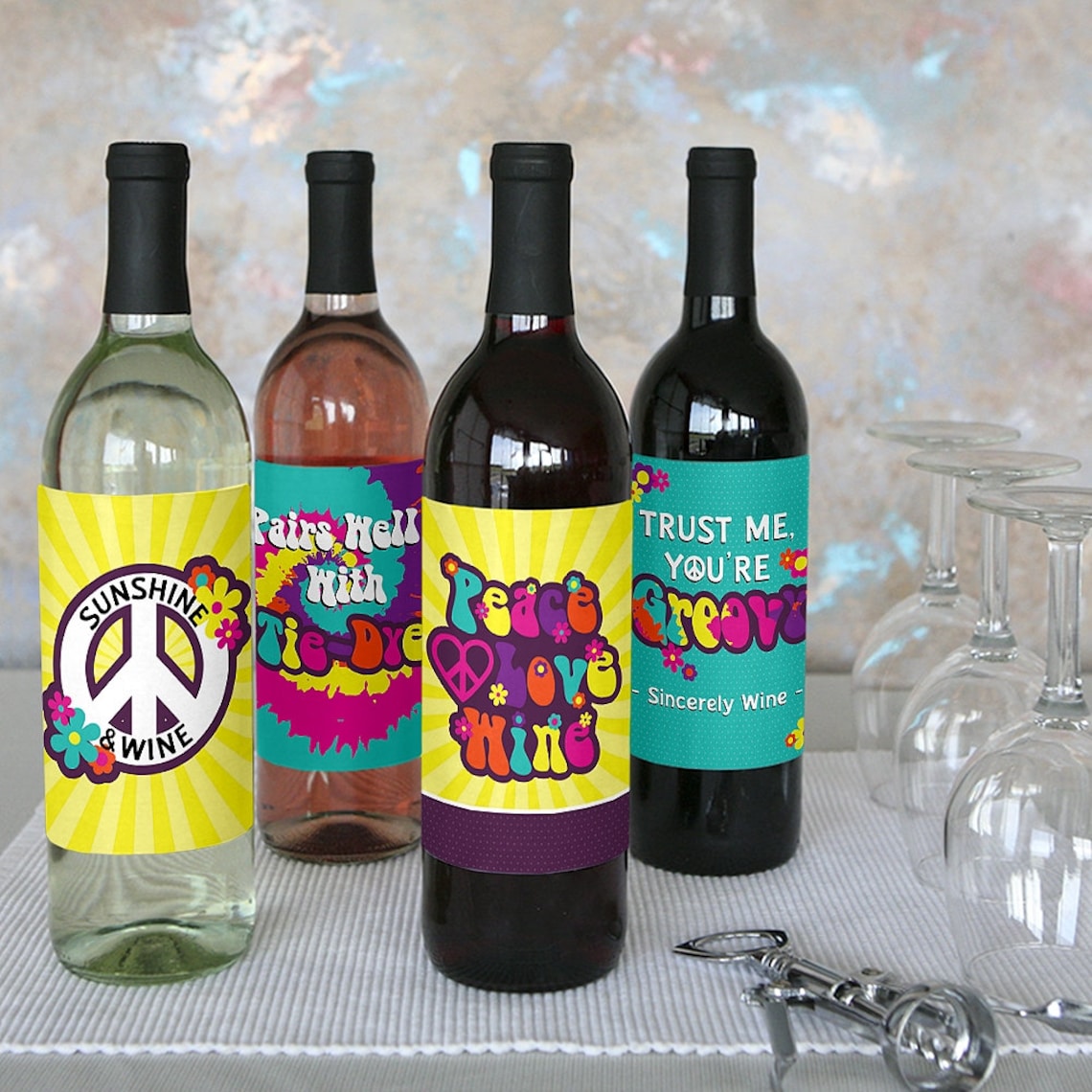 60's Hippie - 1960s Groovy Party Wine Bottle Labels - Peace, Love ...