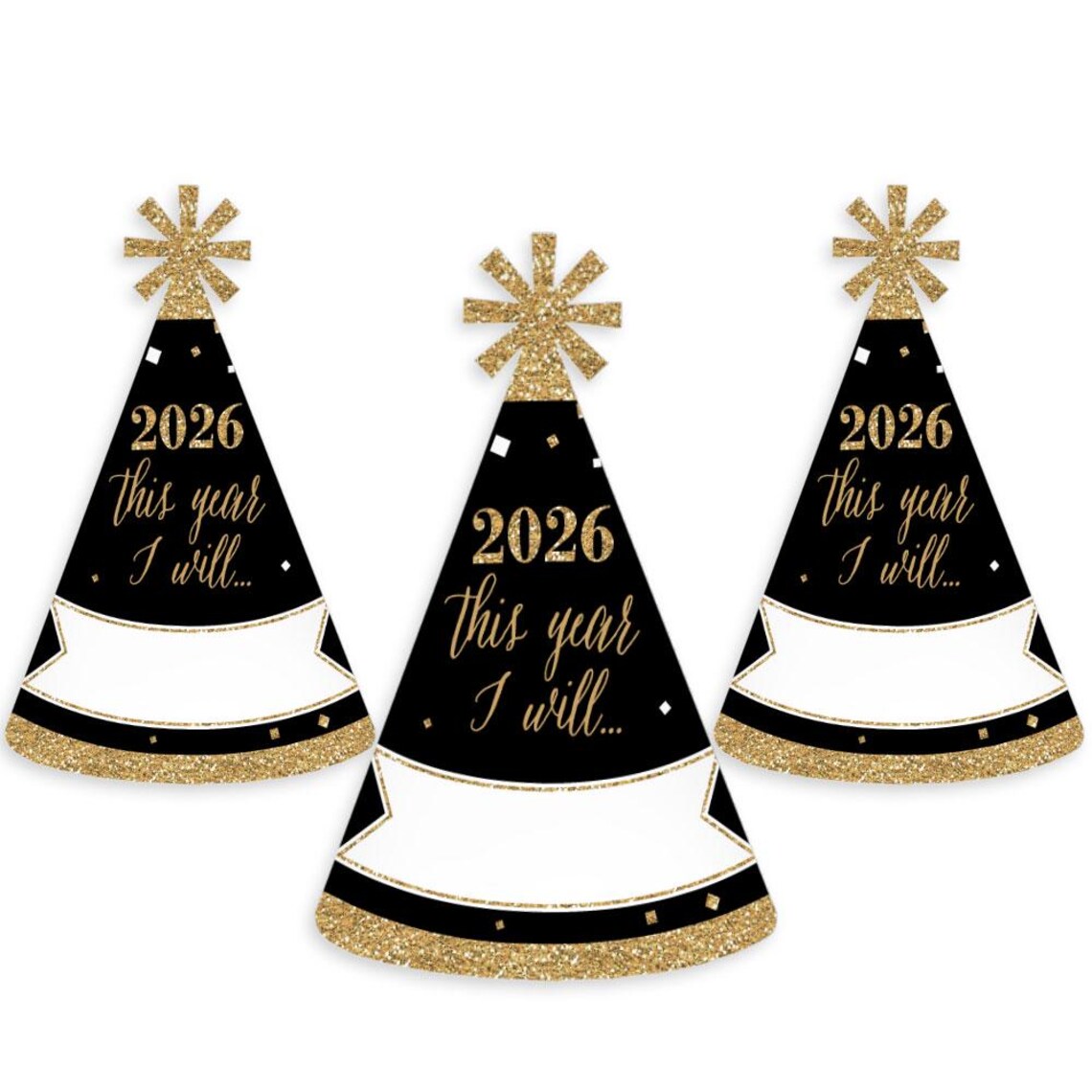 New Year's Eve - Gold - 2026 Cone New Years Eve Resolution Party Hats ...