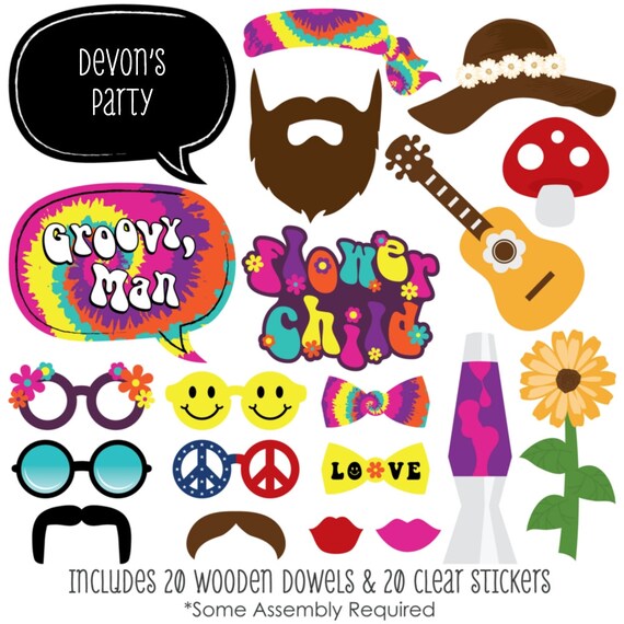 60's Hippie Photo Booth Props - 60's Hippie with Mustache, Hat, Bow Tie ...
