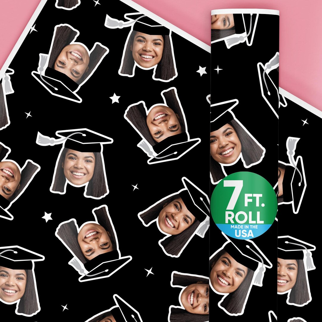 Personalized Photo Graduation Wrapping Paper, Black Cap With Silver ...