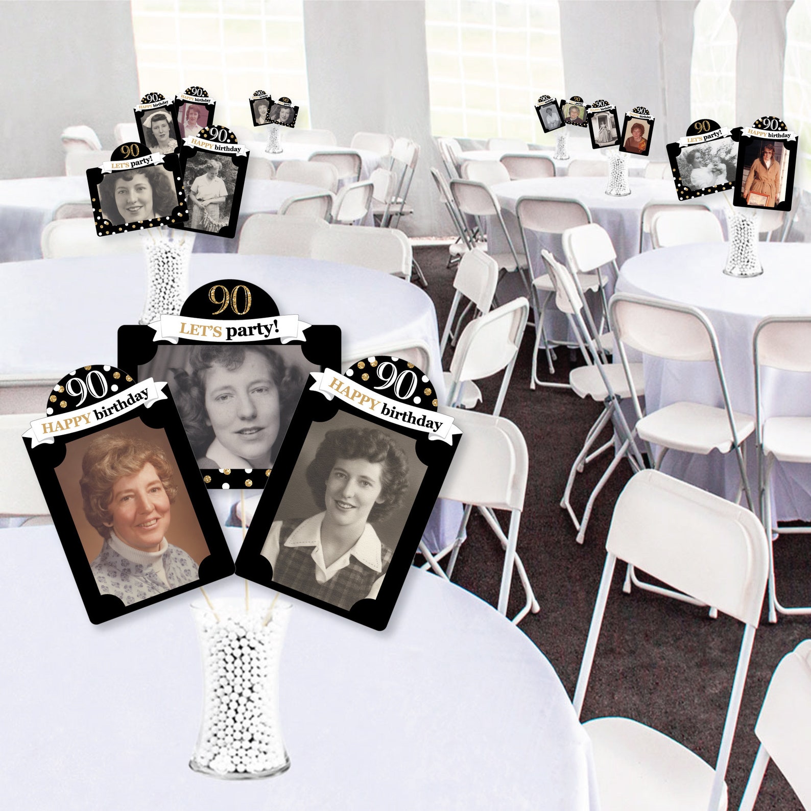 Adult 90th Birthday - Gold - Birthday Party Picture Centerpiece Sticks ...