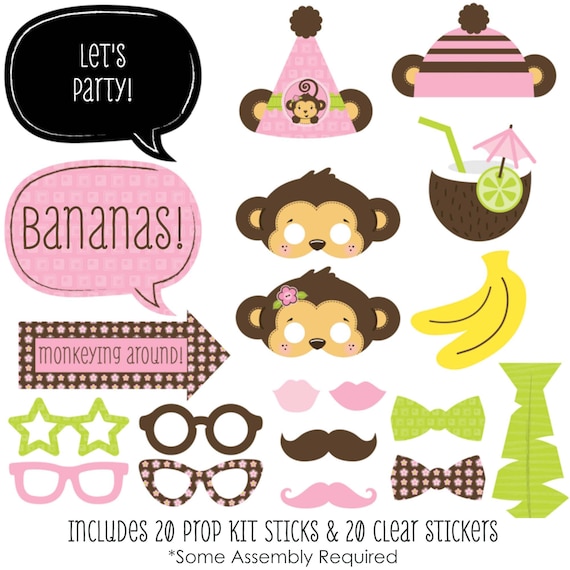20 Photo Booth Props - Pink Monkey Girl Photobooth Kit with Custom Talk ...