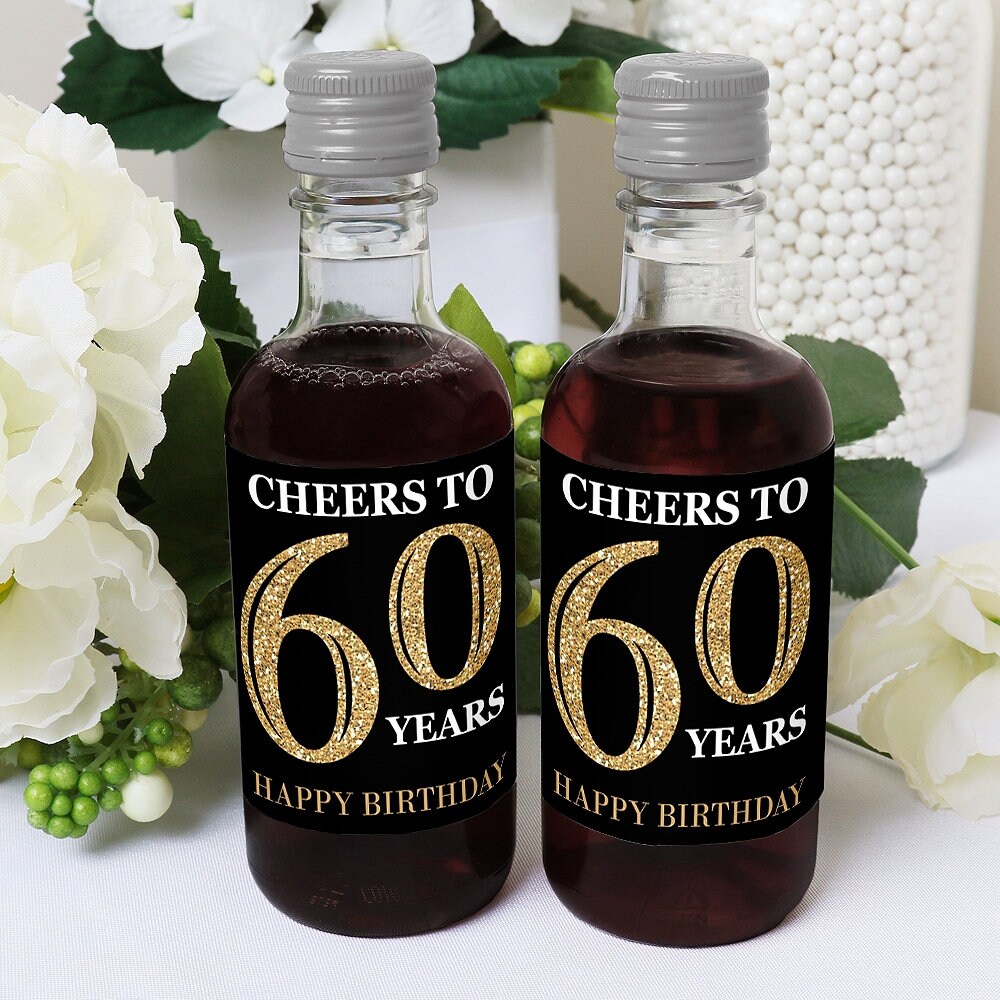 Adult 60th Birthday - Gold - Mini Wine and Champagne Bottle Label ...