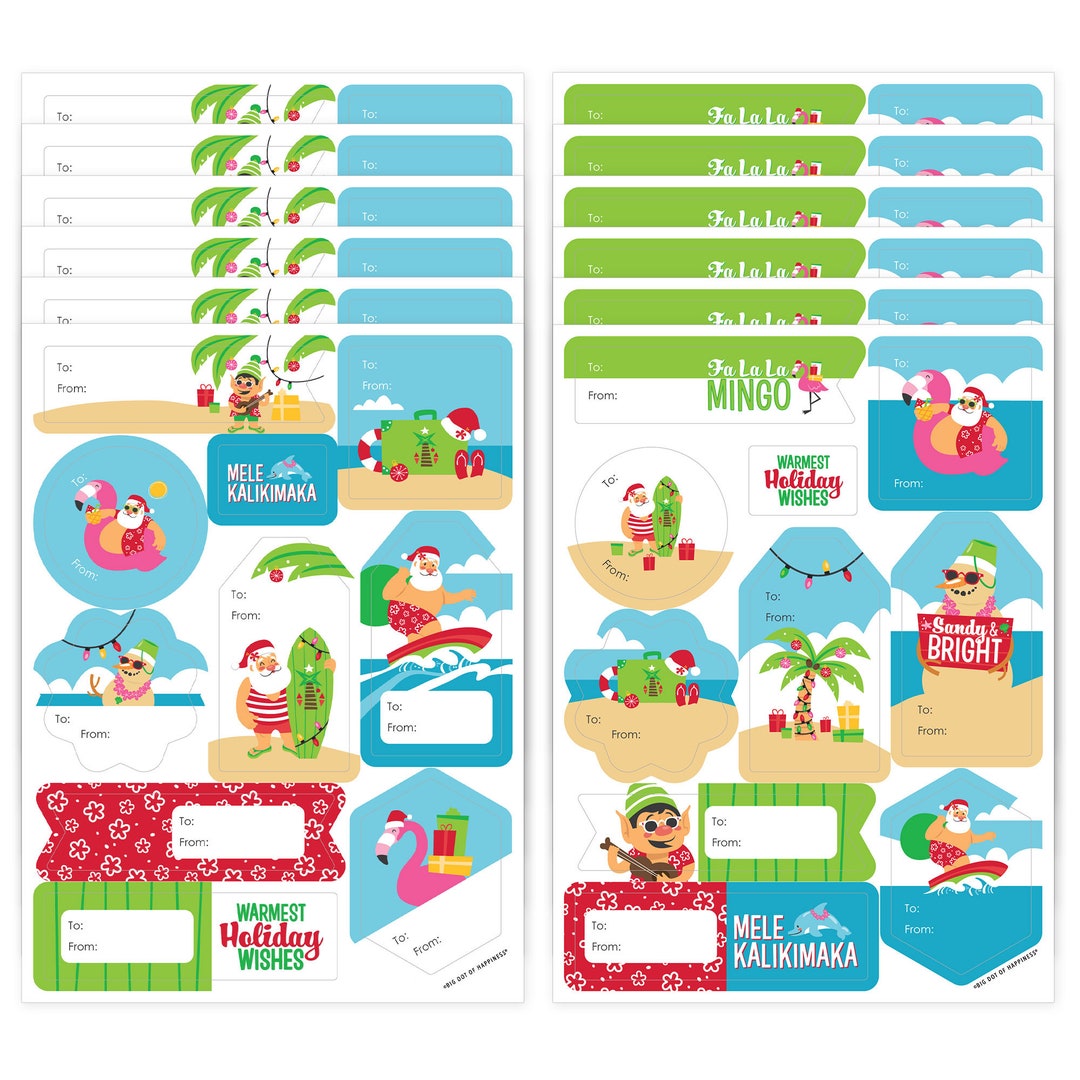 Tropical Christmas - Assorted Beach Santa Holiday Party Gift Tag Labels ...