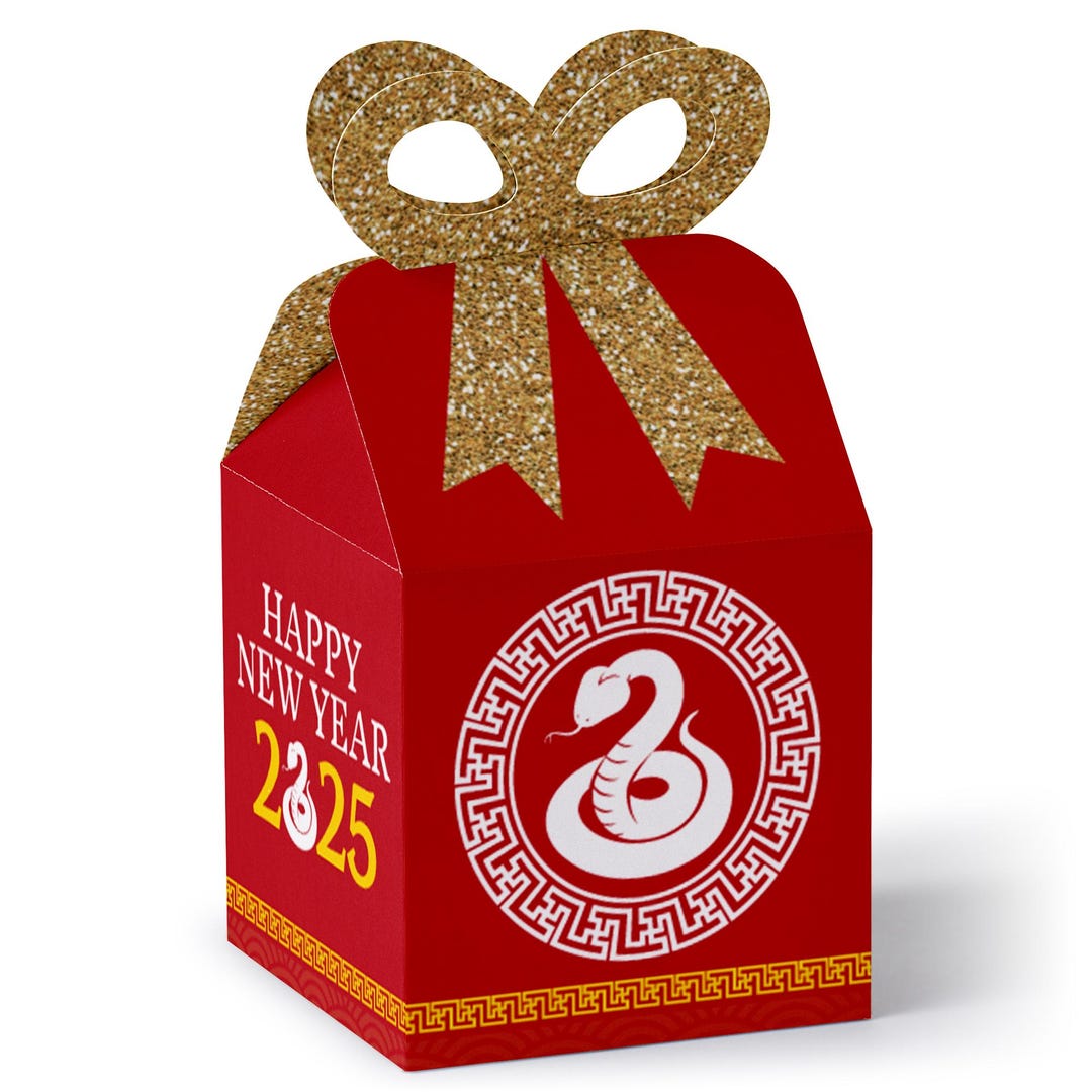 Chinese New Year - Square Favor Gift Boxes - 2025 Year of the Snake Bow ...