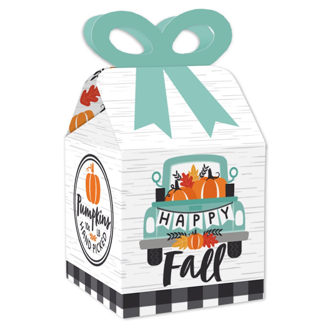 Happy Fall Truck - Square Favor Gift Boxes - Harvest Pumpkin Party Bow ...