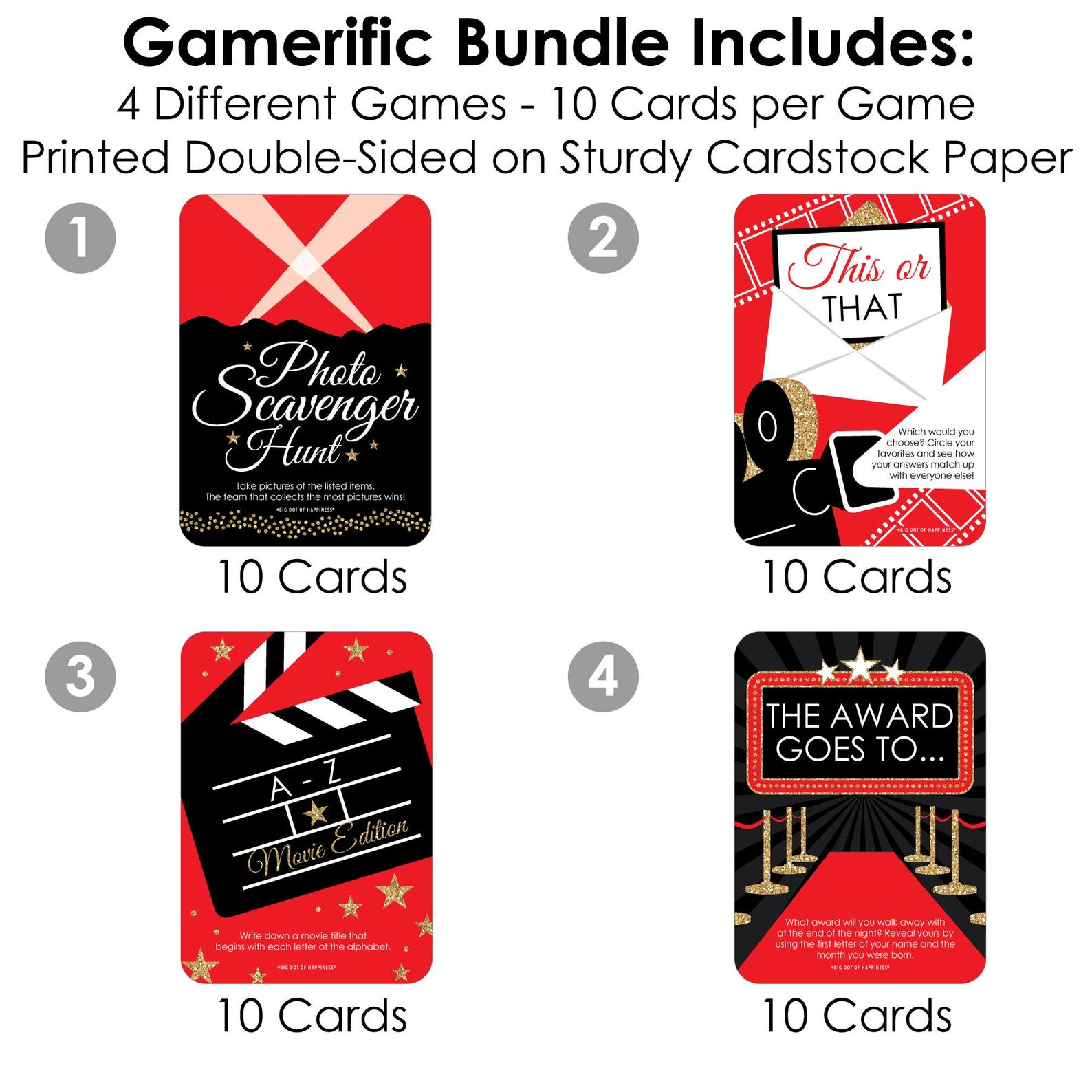 Red Carpet - 4 Movie Night Party Games - 10 Cards Each - Gamerific ...