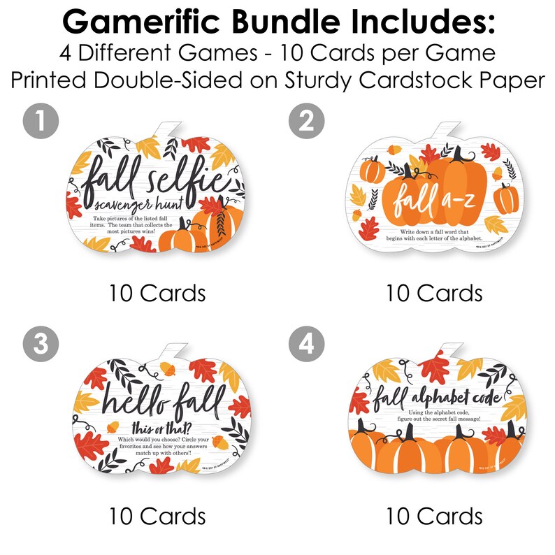 Fall Pumpkin - 4 Halloween or Thanksgiving Party Games - 10 Cards Each ...