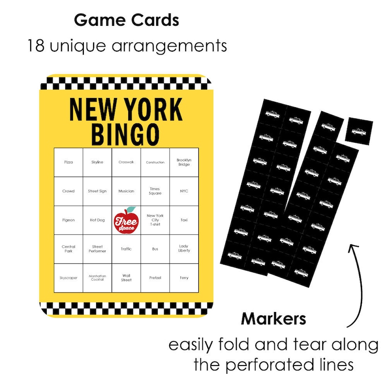 NYC Cityscape - Bar Bingo Cards and Markers - New York City Party Bingo ...