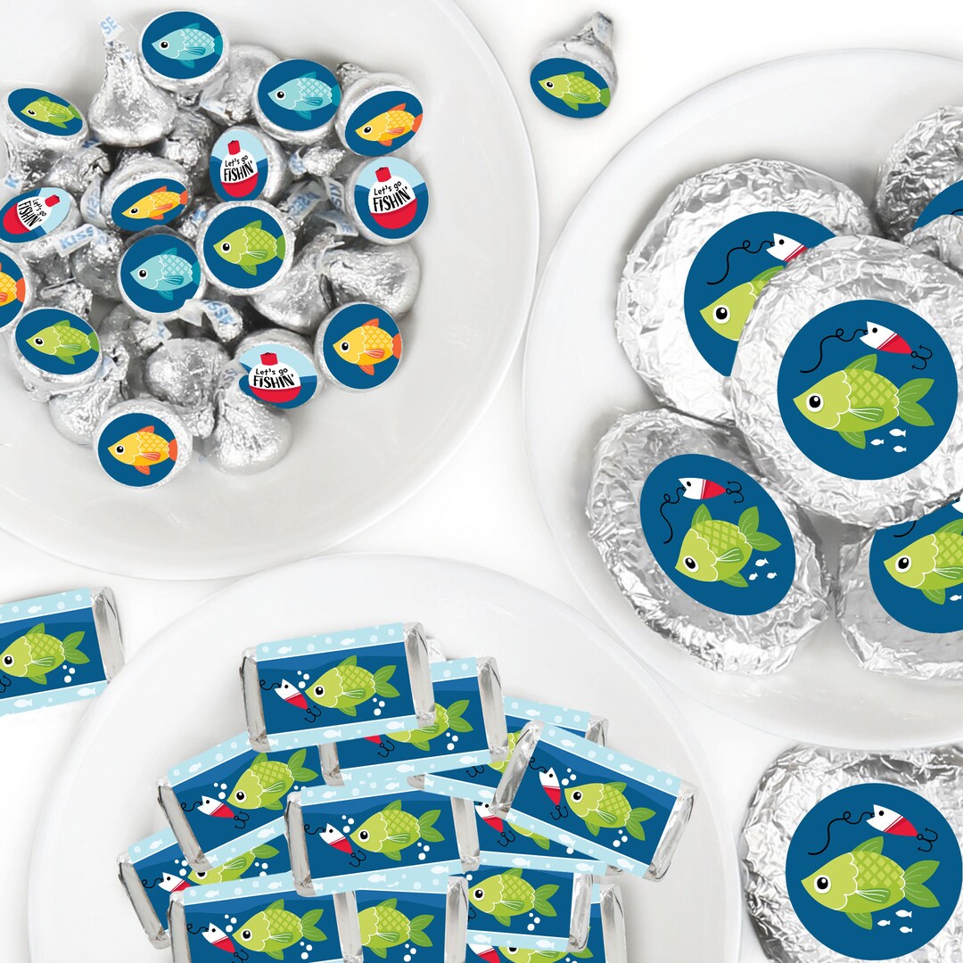 Lets Go Fishing Mini Candy Bar Wrappers, Round Candy Stickers and ...