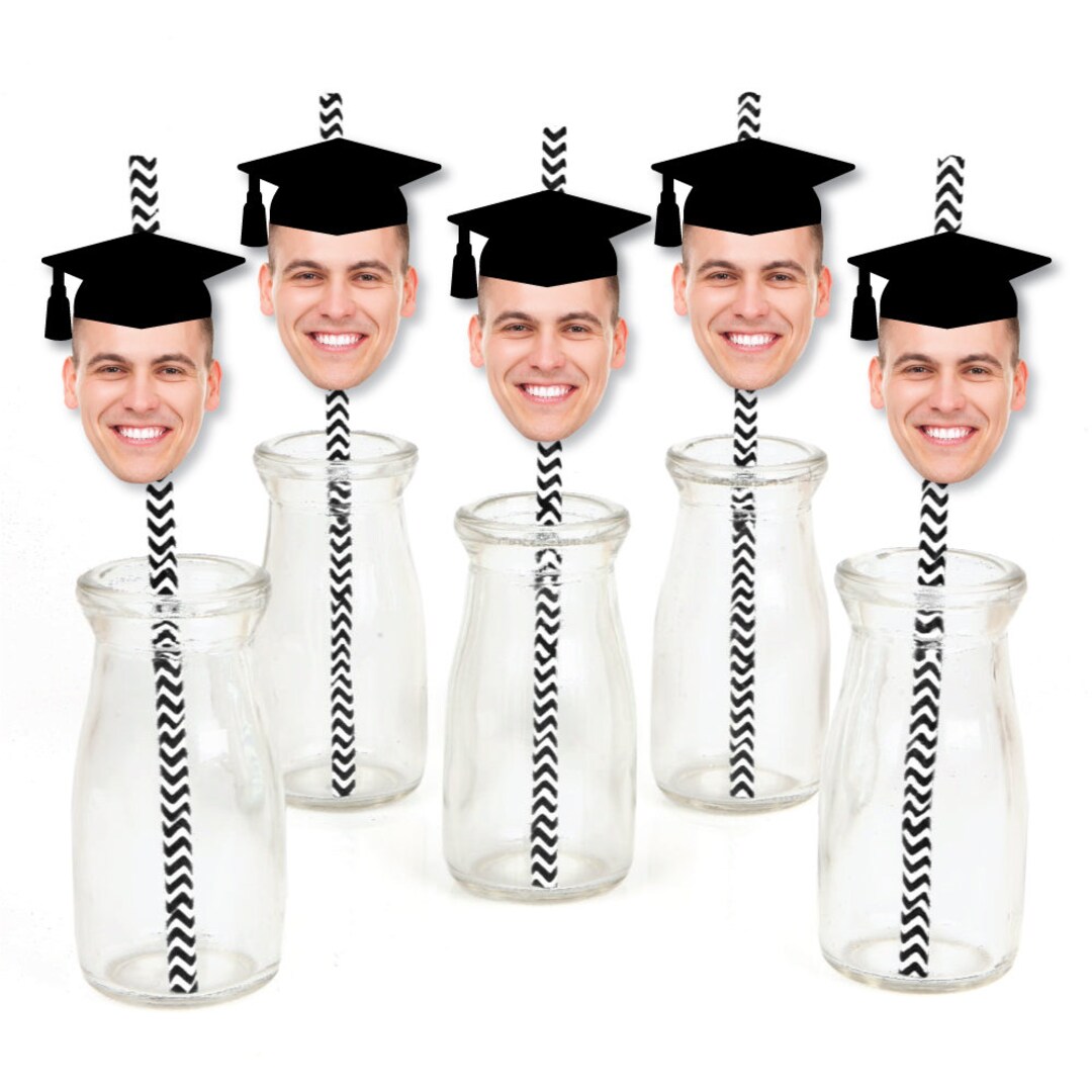 Grad Cap Fun Face Cutout Paper Straw Decor - Custom Graduation Photo ...