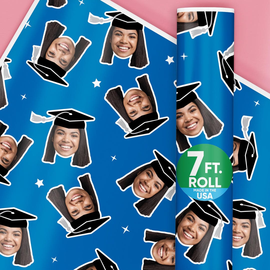 Personalized Photo Blue Graduation Wrapping Paper Graduate Cap With ...