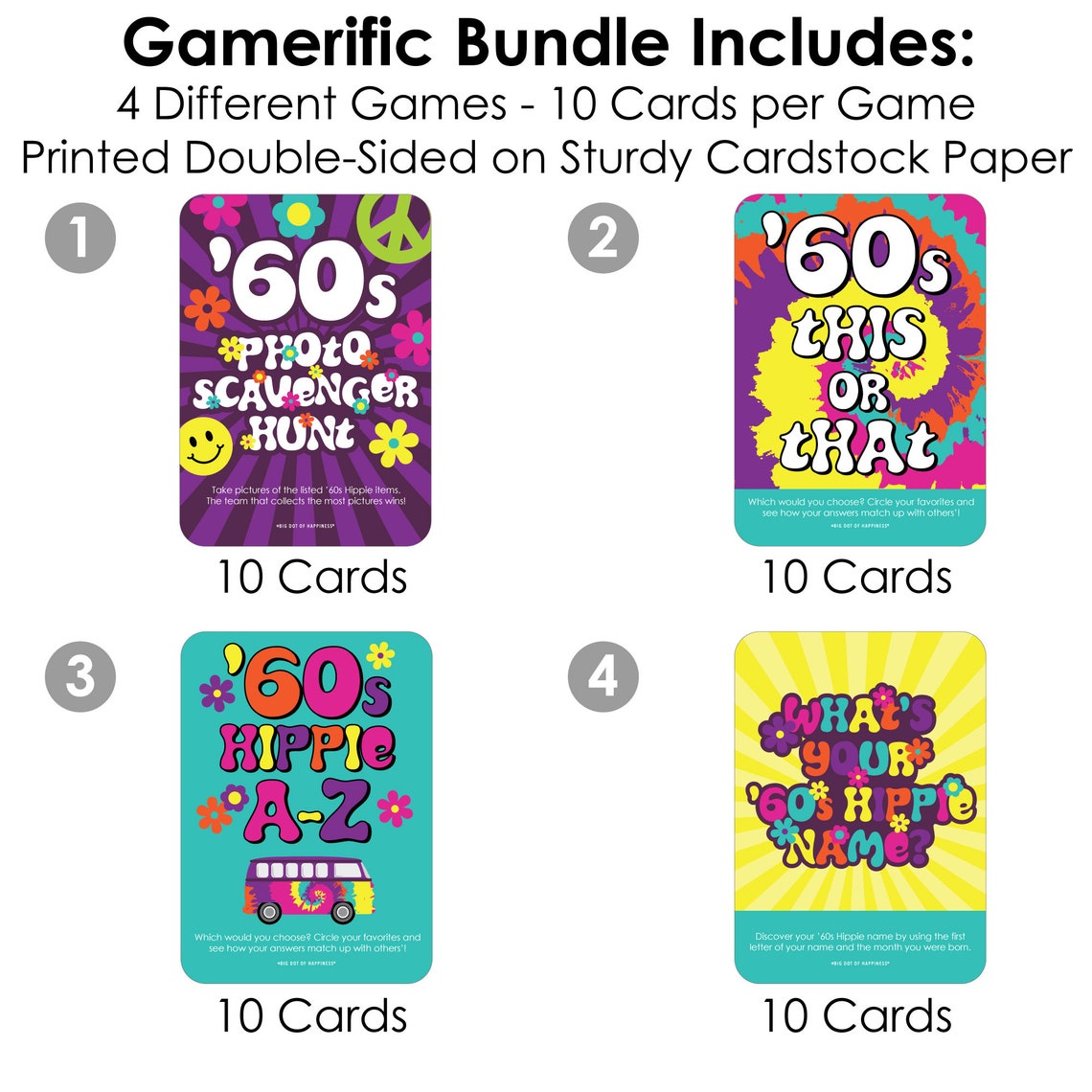60’s Hippie - 4 1960s Groovy Party Games - 10 Cards Each - Gamerific ...