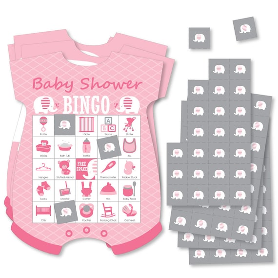 Pink Elephant - Picture Bingo Cards and Markers - Girl Baby Shower ...
