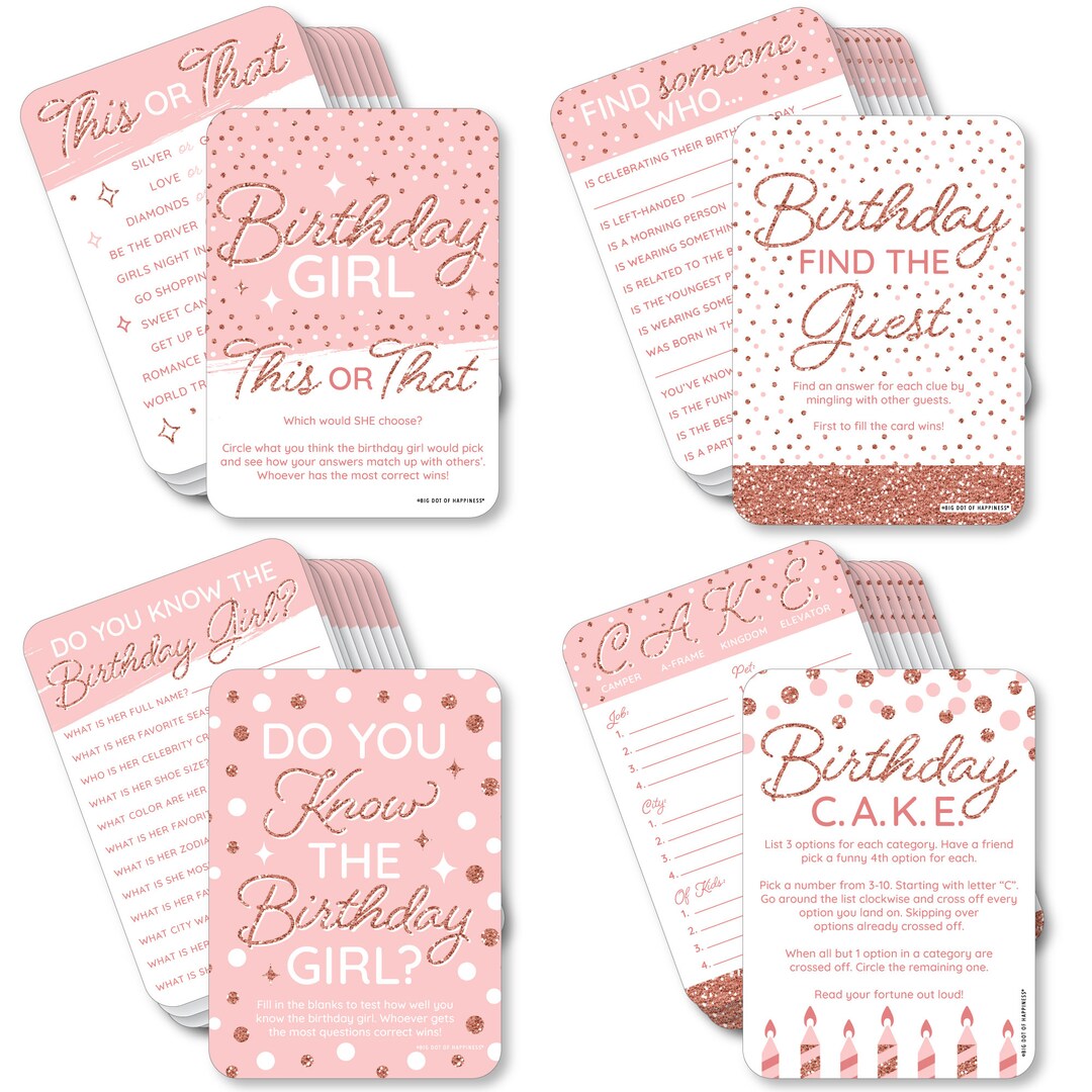 Pink Rose Gold Birthday - 4 Happy Birthday Party Games - 10 Cards Each ...