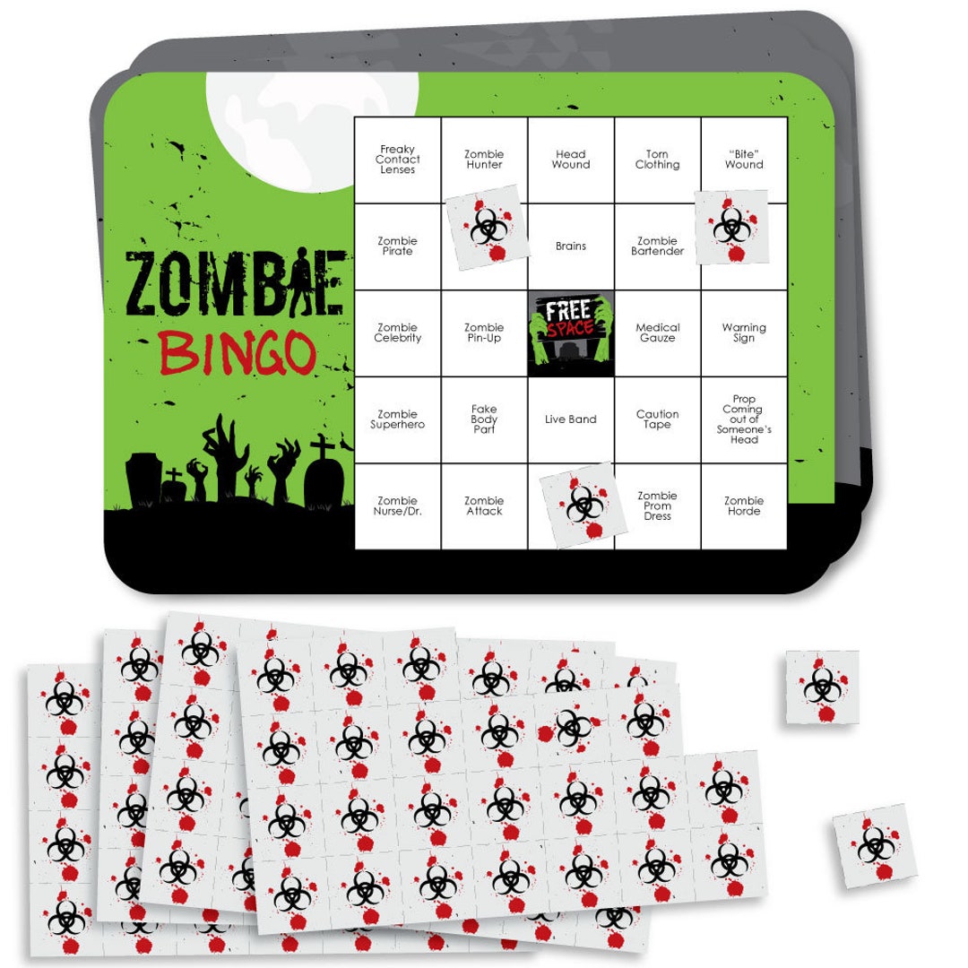 Zombie Zone - Bar Bingo Cards and Markers - Halloween or Birthday ...