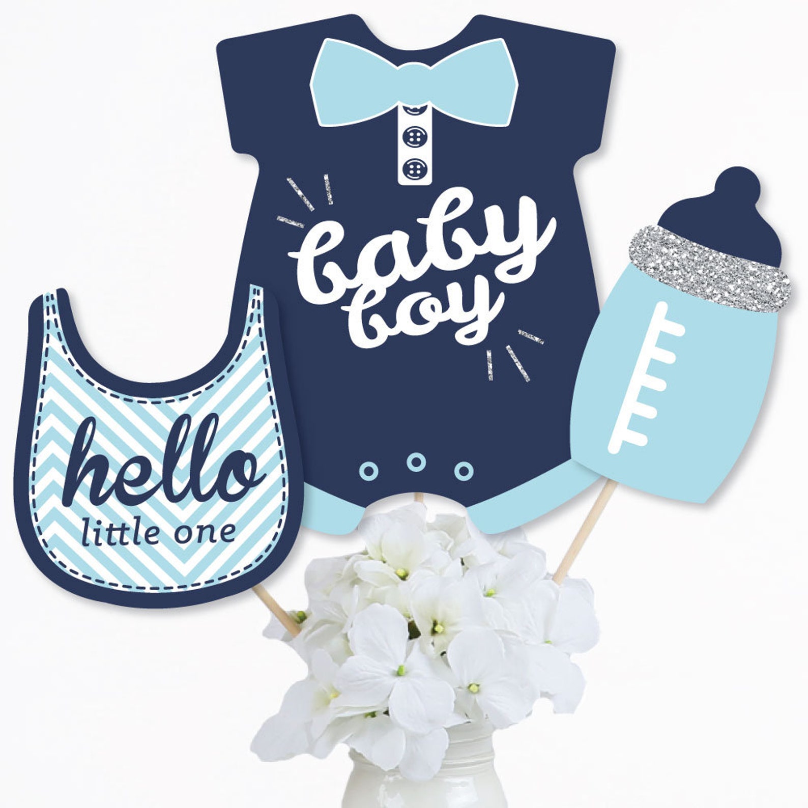 Hello Little One - Blue & Silver - Centerpiece Sticks - Boy Baby Shower ...
