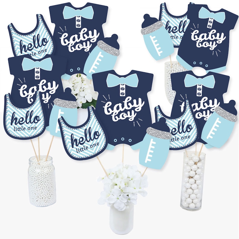 Hello Little One - Blue & Silver - Centerpiece Sticks - Boy Baby Shower ...