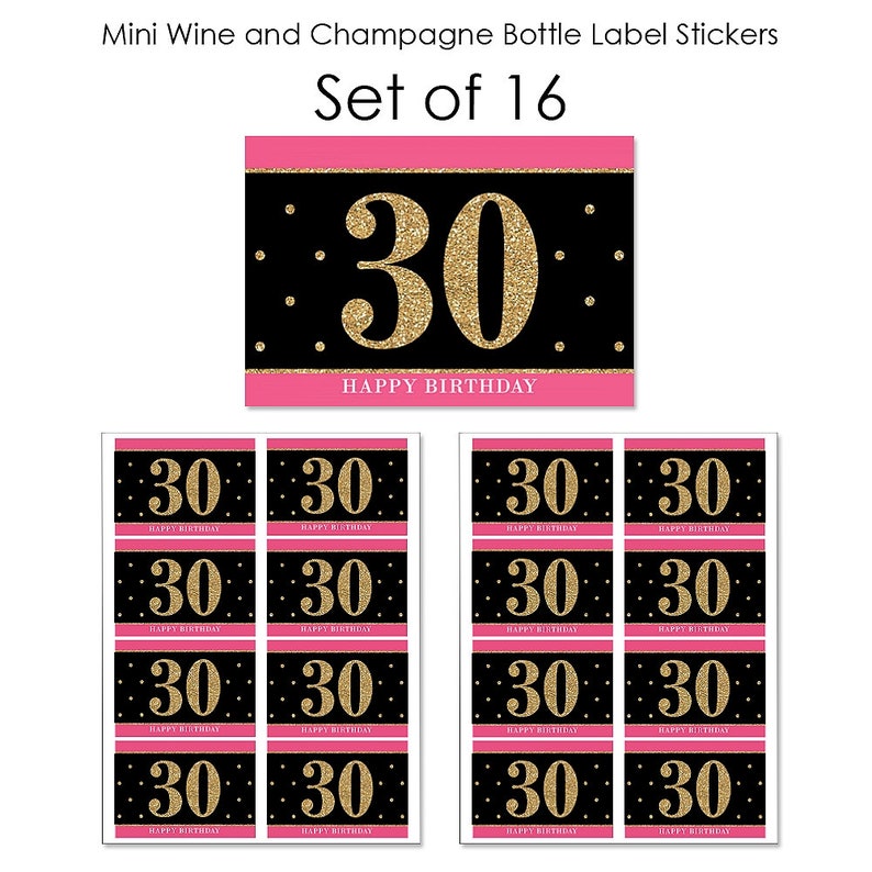 Chic 30th Birthday Pink Black and Gold Mini Wine and | Etsy