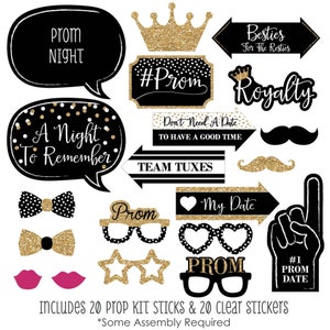 Prom Night - 20 Piece Photo Booth Props Kit - Black and Gold Prom ...