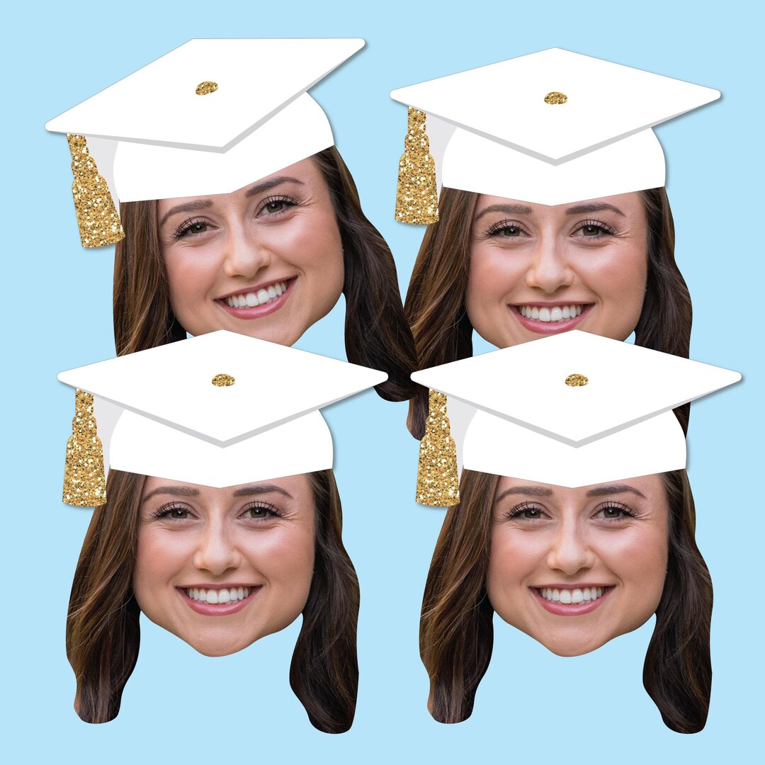 Custom Photo White and Gold Grad Cap, Fun Face Cutout Decorations ...