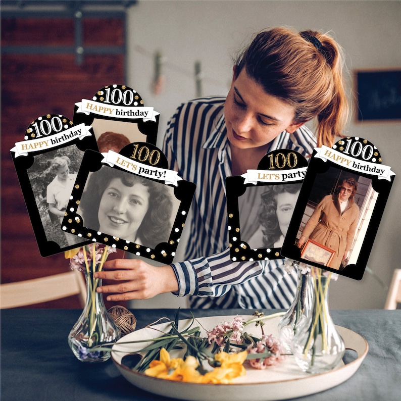 Adult 100th Birthday - Gold - Birthday Party Picture Centerpiece Sticks ...