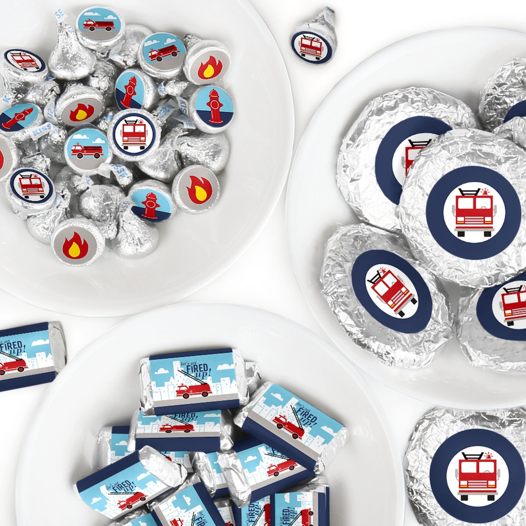 Fired up Fire Truck - Mini Candy Bar Wrappers, Round Candy Stickers and ...