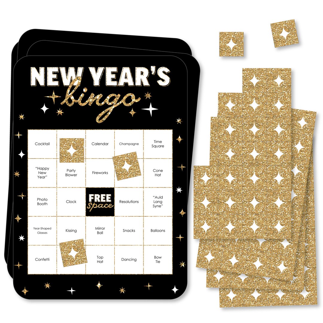 Hello New Year - Bar Bingo Cards and Markers - NYE Party Bingo Game ...