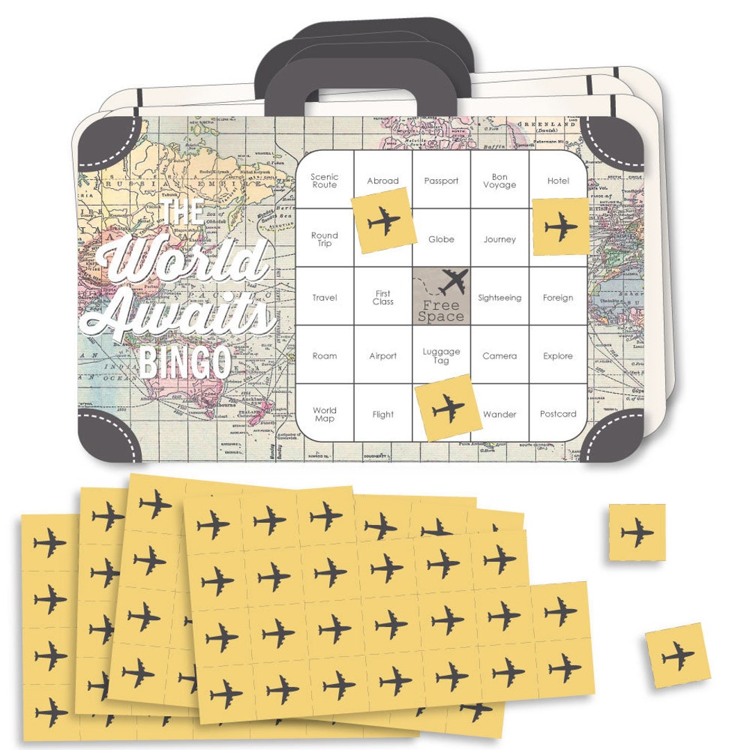 World Awaits - Bingo Cards and Markers - Travel Themed Party Shaped ...