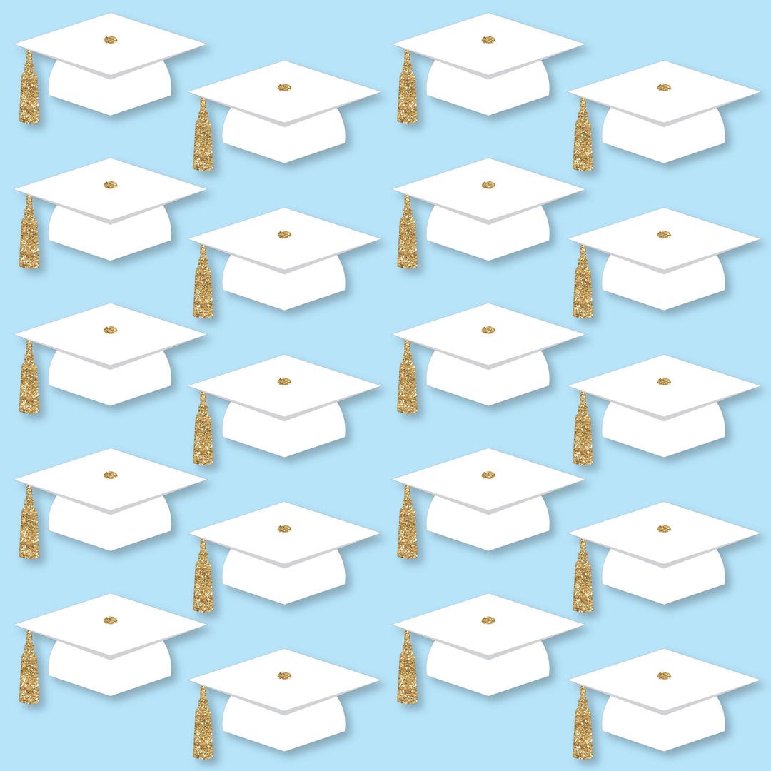White and Gold Graduation Cap Decorations, DIY Large Grad Hat Cut-outs ...