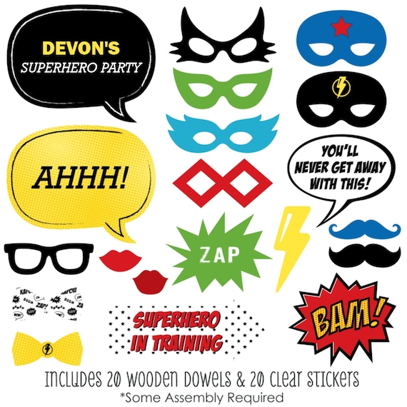 20 Photo Booth Props - BAM! Superhero Photobooth Kit with Custom Talk ...