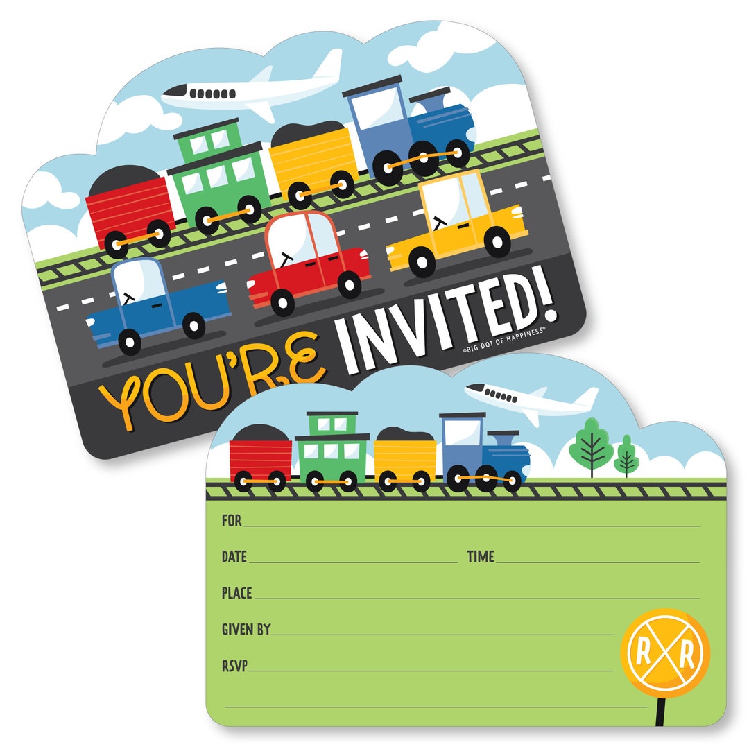 Cars, Trains, and Airplanes - Shaped Fill-in Invitations ...