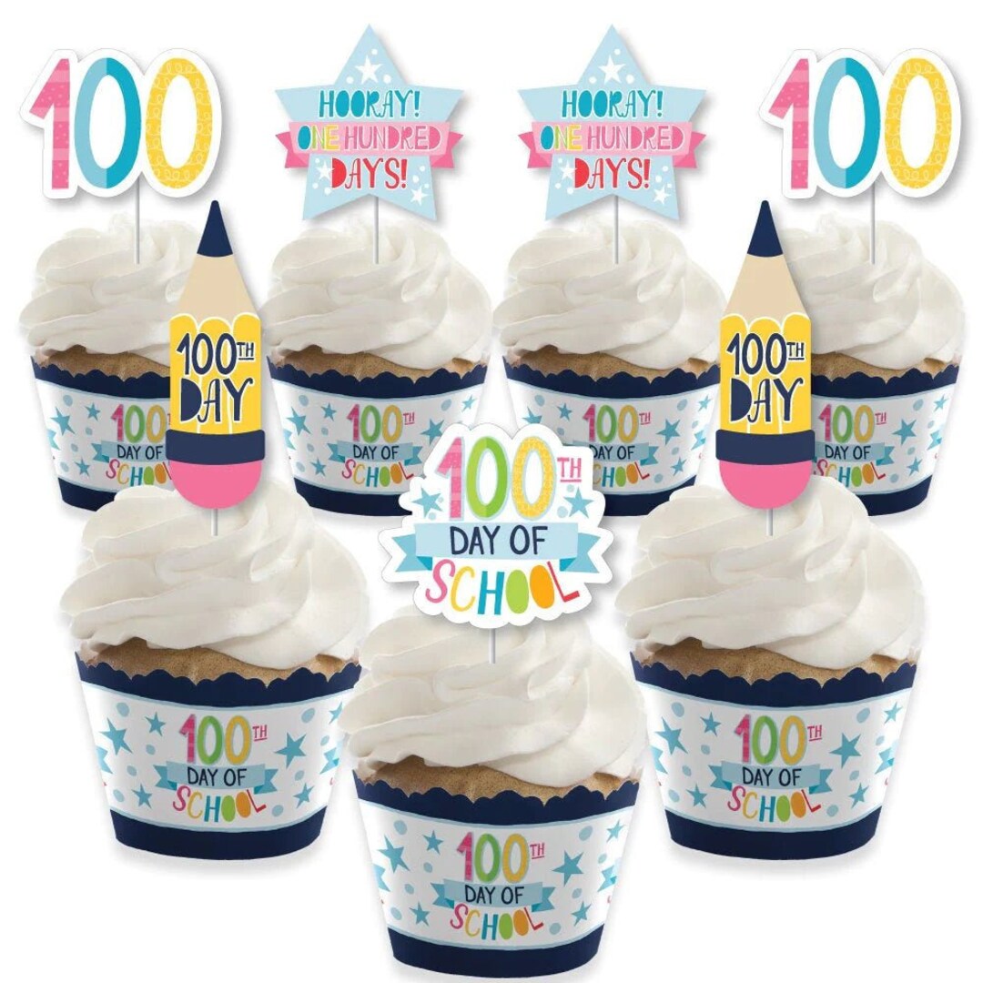 Happy 100th Day of School - Cupcake Decoration - 100 Days Party Cupcake ...