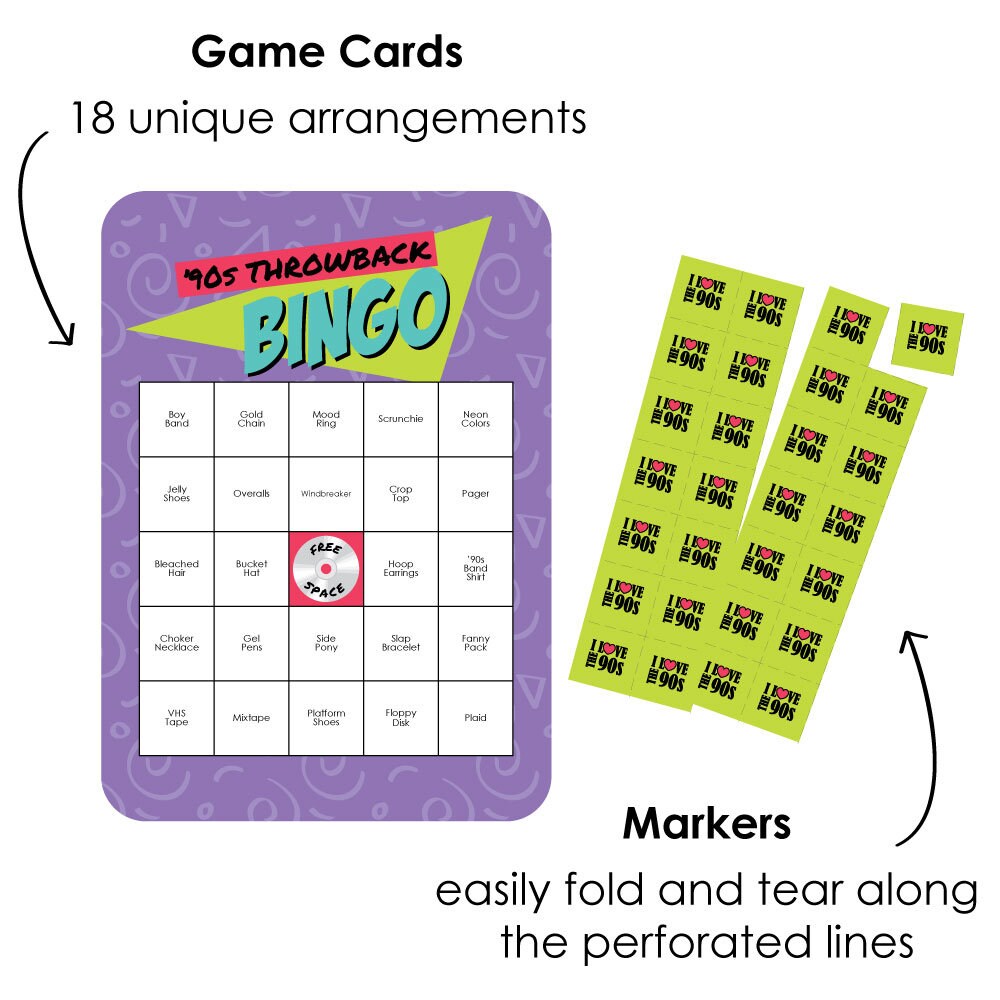 90’s Throwback - Bar Bingo Cards and Markers - 1990s Party Bingo Game ...