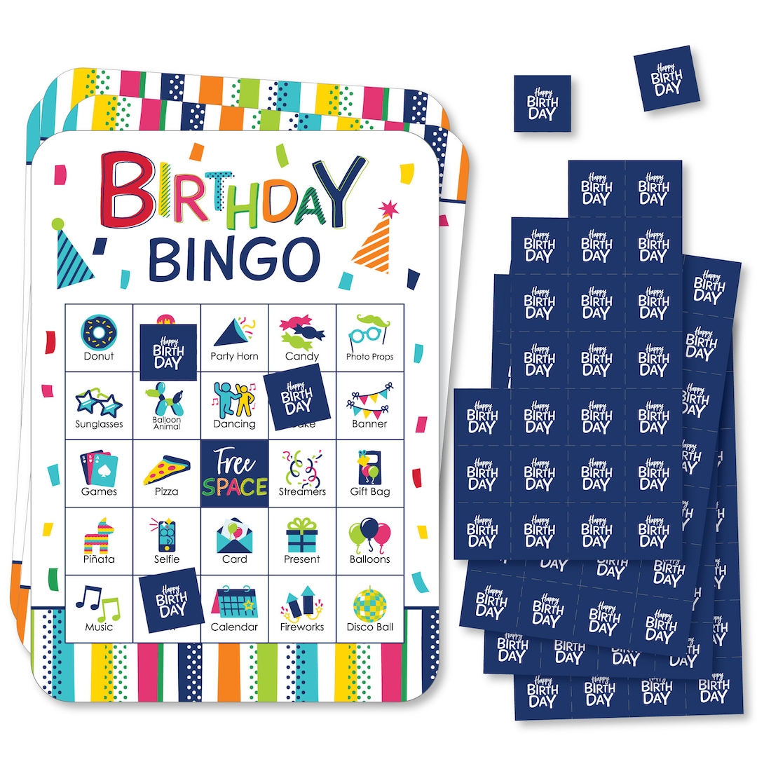 Tarjetas de bingo con imágenes y marcadores para celebrar el feliz ...