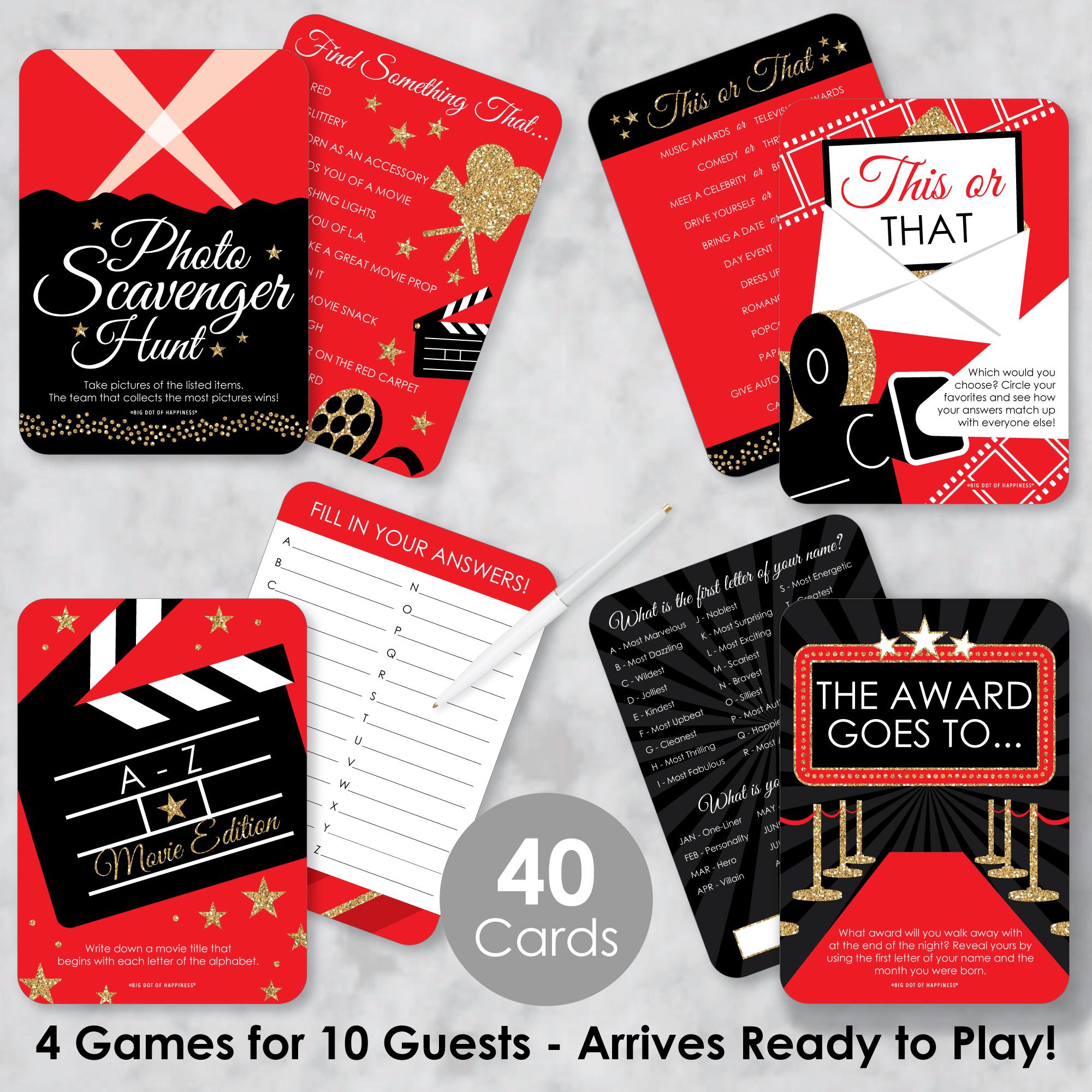 Red Carpet - 4 Movie Night Party Games - 10 Cards Each - Gamerific ...