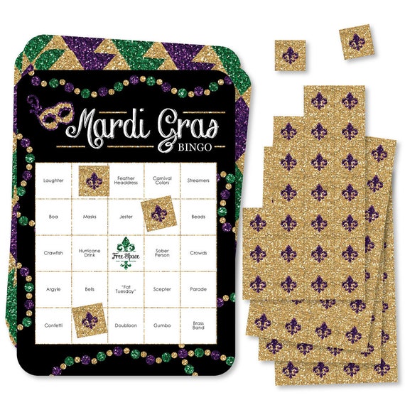 Mardi Gras - Bar Bingo Cards and Markers - Masquerade Party Bingo Game ...