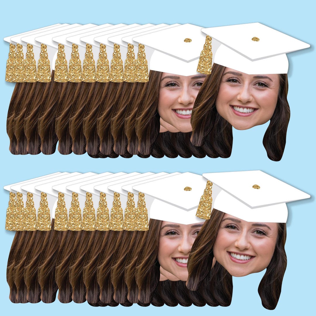 White & Gold Grad Cap Custom Face Cutouts, Personalized DIY Grad Party ...