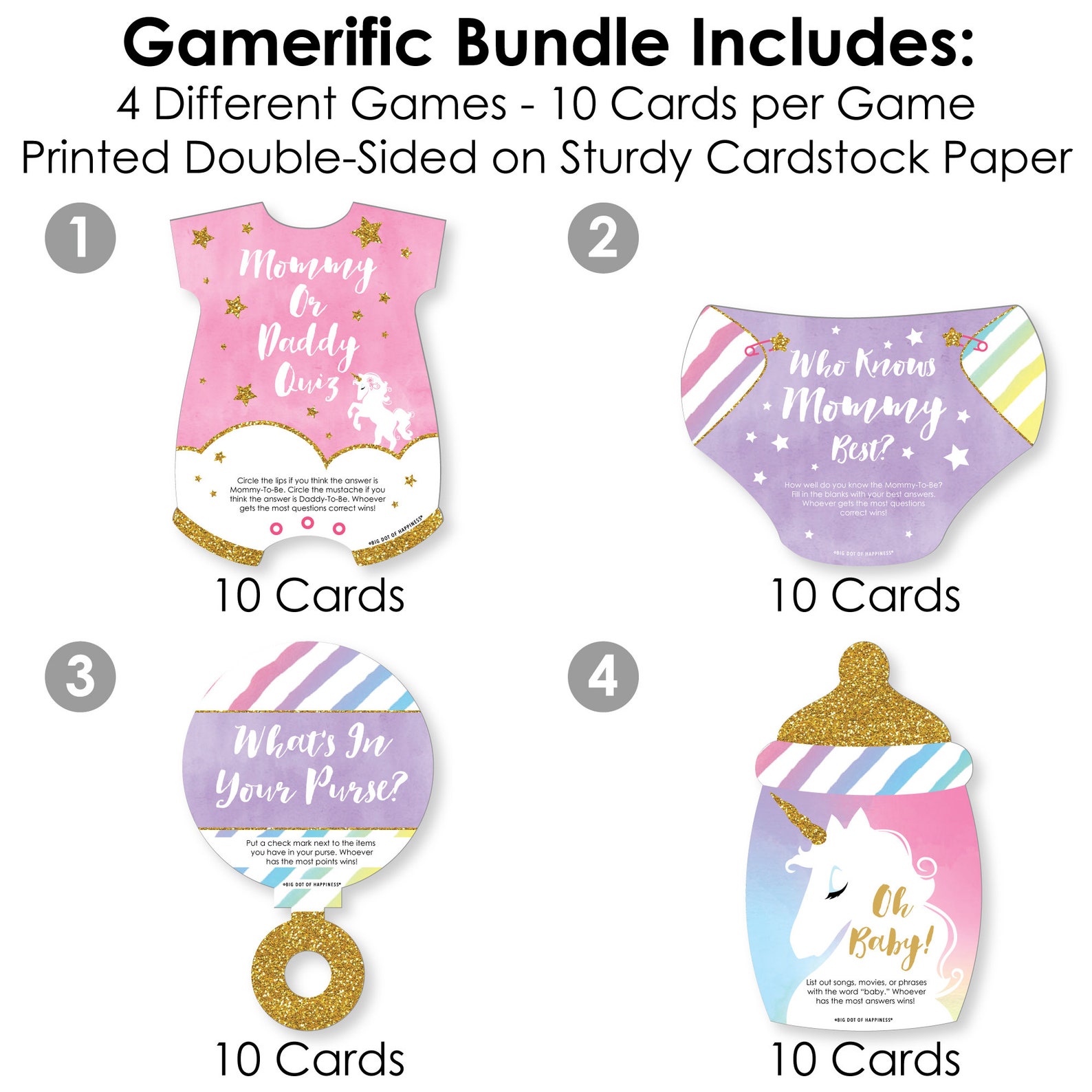 Rainbow Unicorn 4 Magical Unicorn Baby Shower Games 10 Cards Each ...