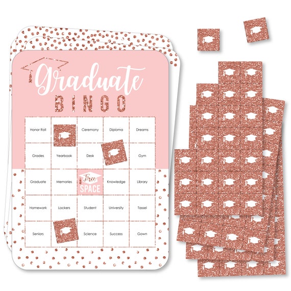 Rose Gold Grad - Bingo Cards and Markers - Graduation Party Shaped ...