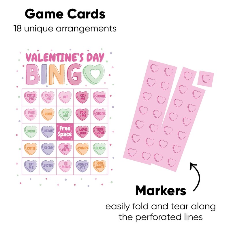 Valentine Hearts Bingo Game, Candy Hearts Picture Cards With Markers ...