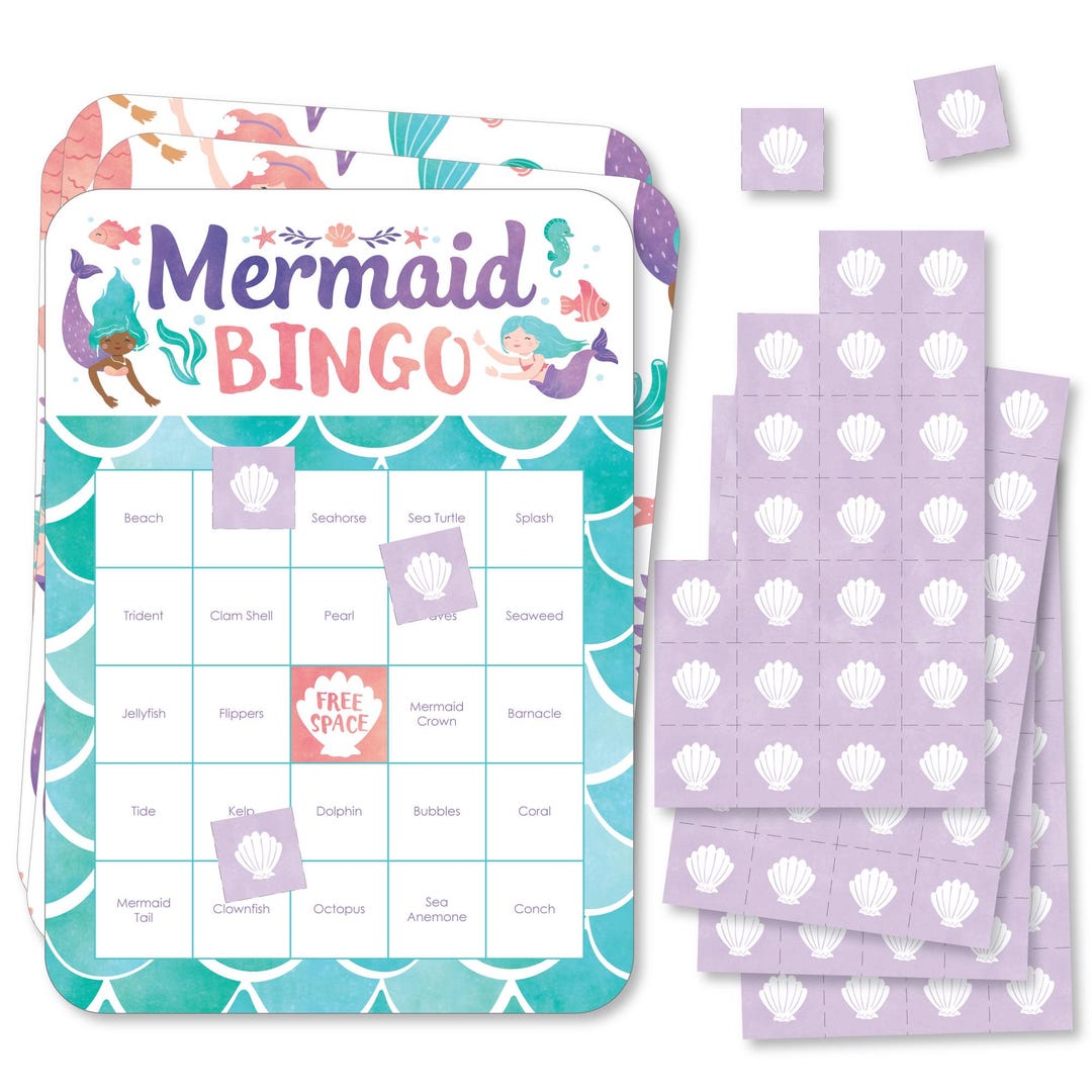 Mermaid Bingo Cards and Markers, Mermaid Birthday Party Bingo Game ...