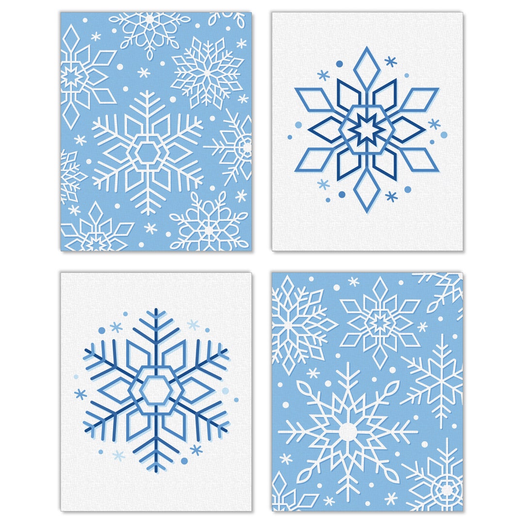 Blue Snowflakes - Unframed Winter Holiday Linen Paper Wall Art - Set of ...